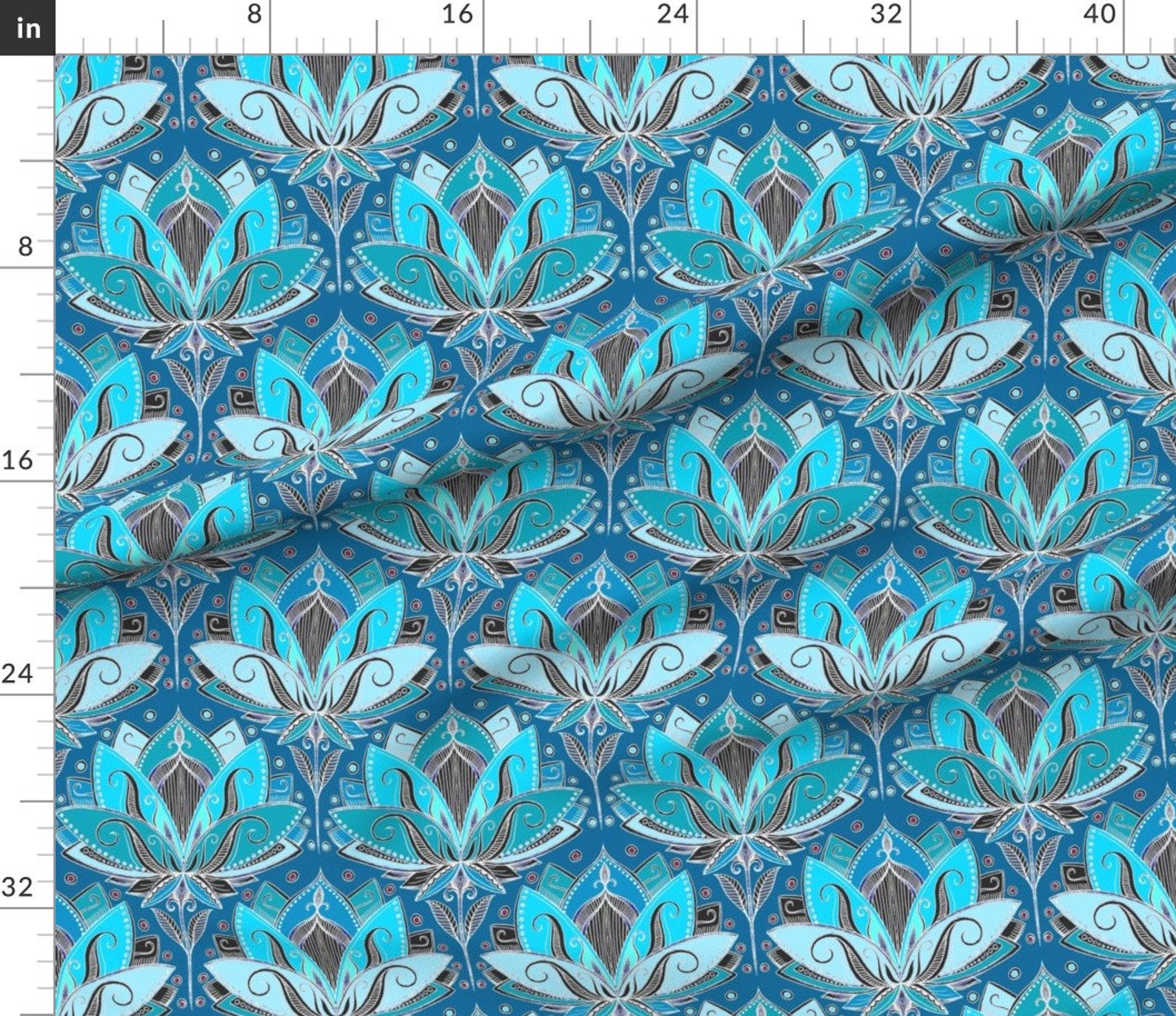 Lotus Fabric Art Deco Lotus Rising in Tea Turquoise Black by - Etsy