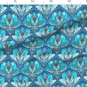 Lotus Fabric Art Deco Lotus Rising In Tea Turquoise Black By | Etsy