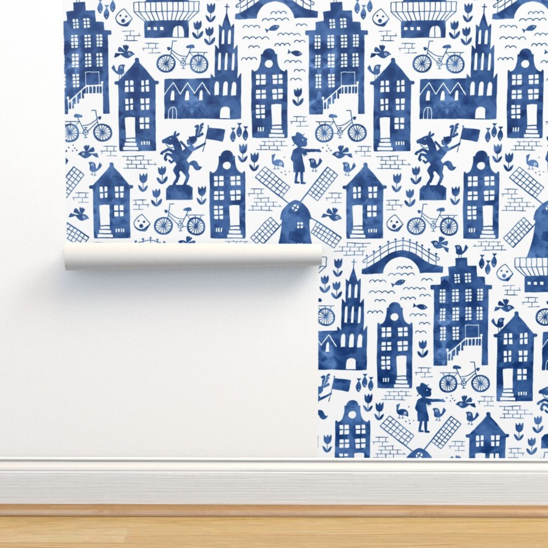 Watercolor Wallpaper Holland Blue Large by Heleen Vd - Etsy