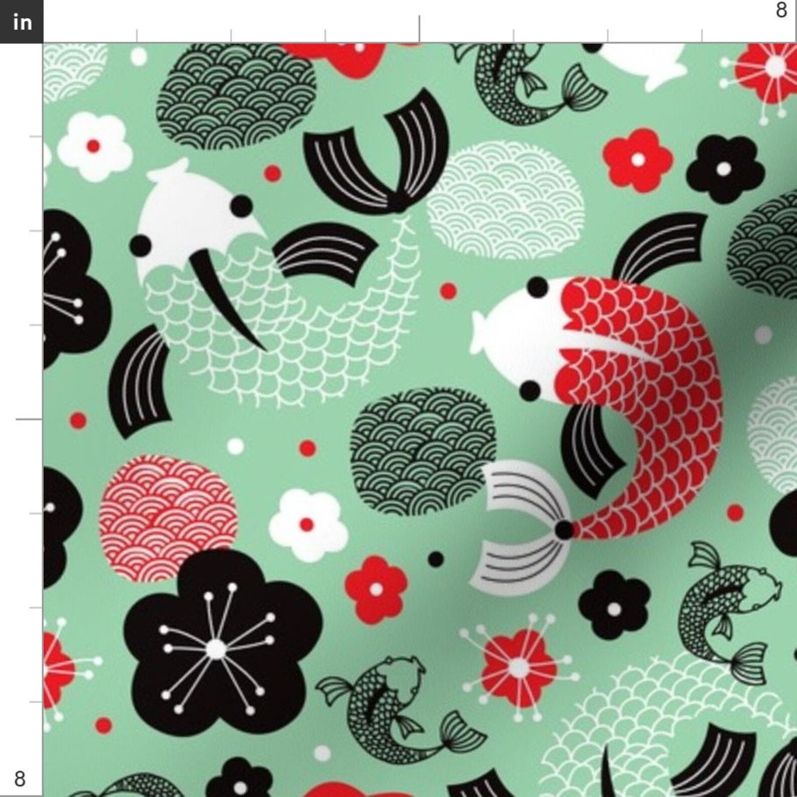 Japanese Koi Fish Illustration in Green Fabric Designed by | Etsy