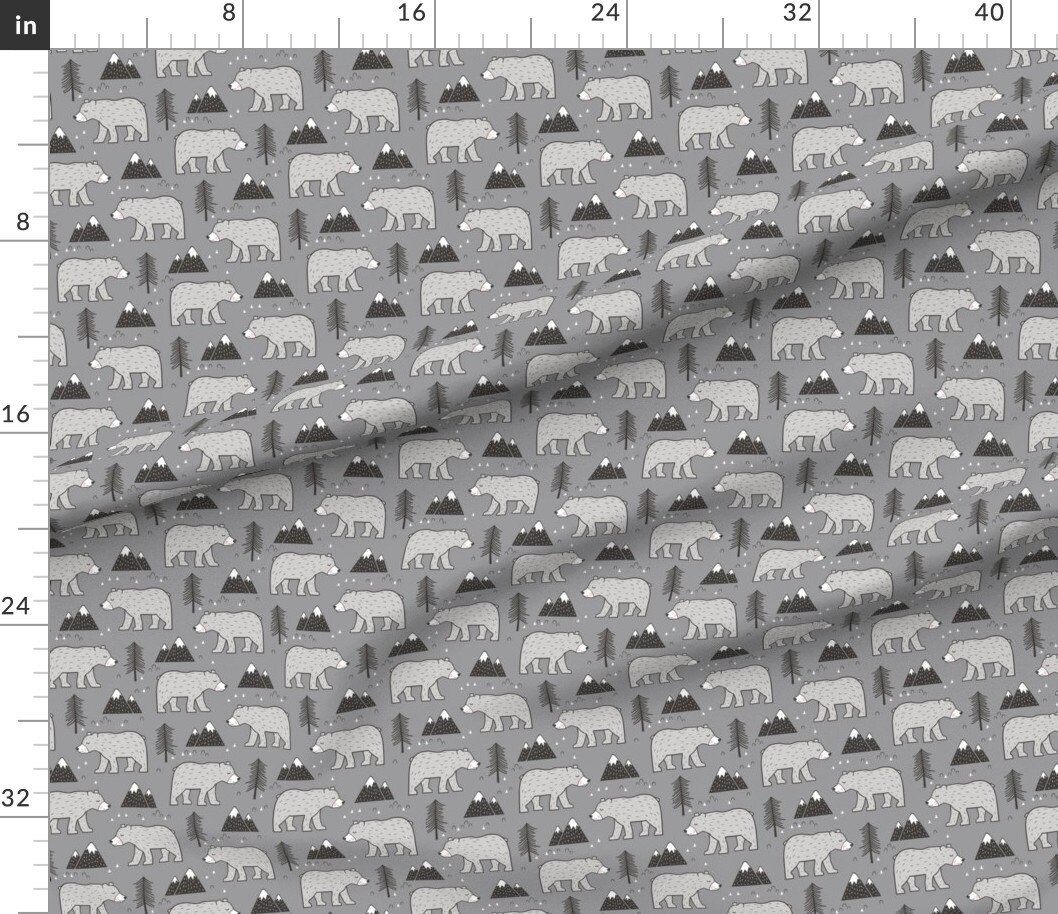 Bear Fabric Mountain Bear Woodland On Dark Grey By Caja | Etsy