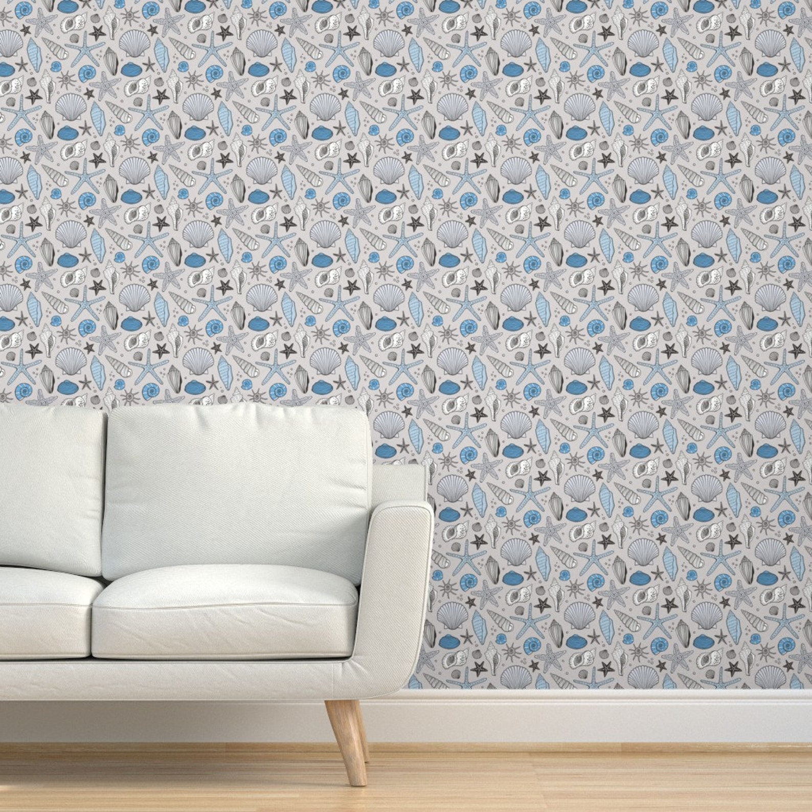 Shells Wallpaper Seashells Nautical Blue Gray by Caja Design - Etsy