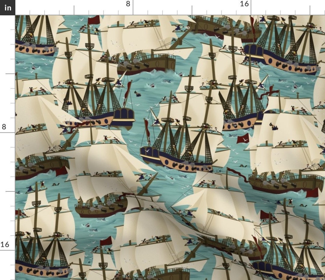 Blue Pirate Ships Sailing Nautical Illustration Fabric Pirates Ahoy by ...