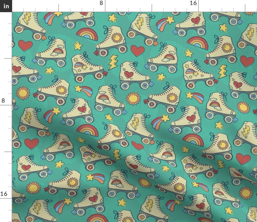 Roller Skating Blue Retro Fabric Retro Roller Rink Green by Liz Sawyer ...