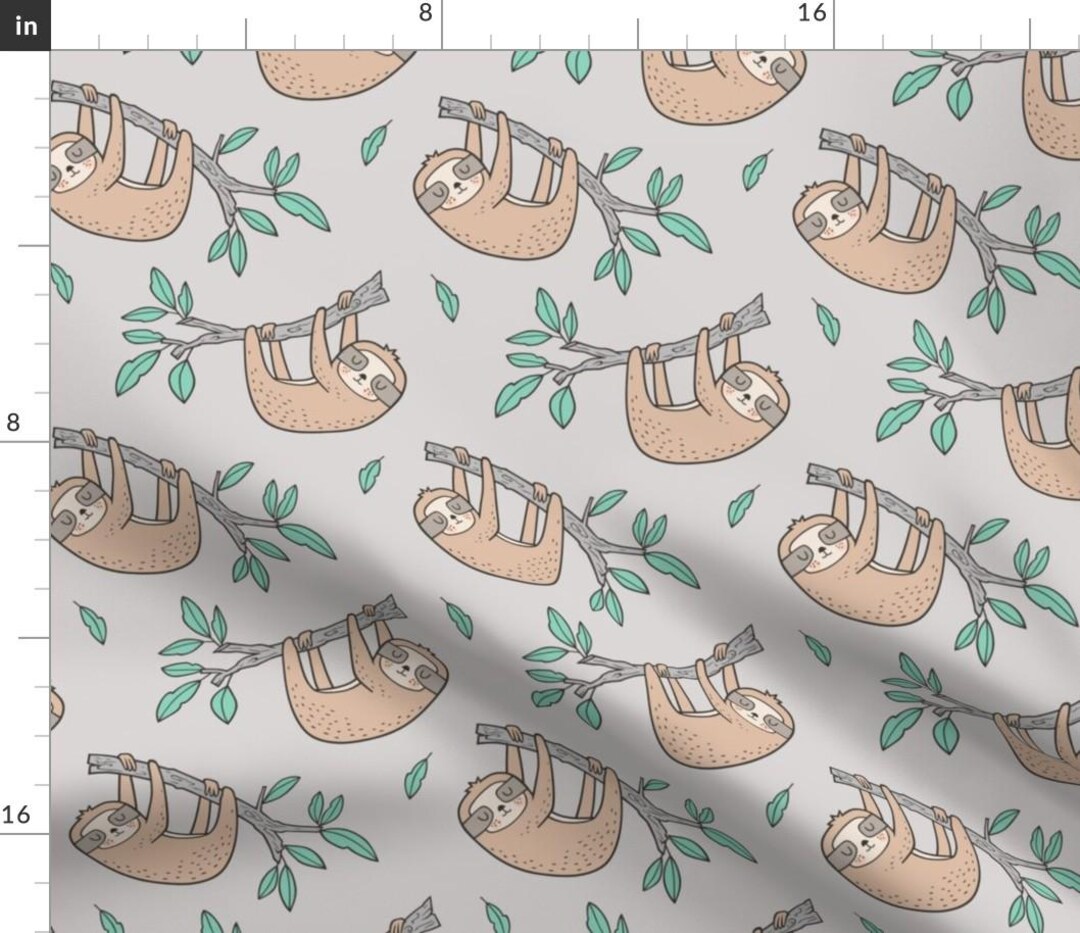 Sloth Fabric Sloths on Tree Branch With Leaves on Light Grey by Caja ...