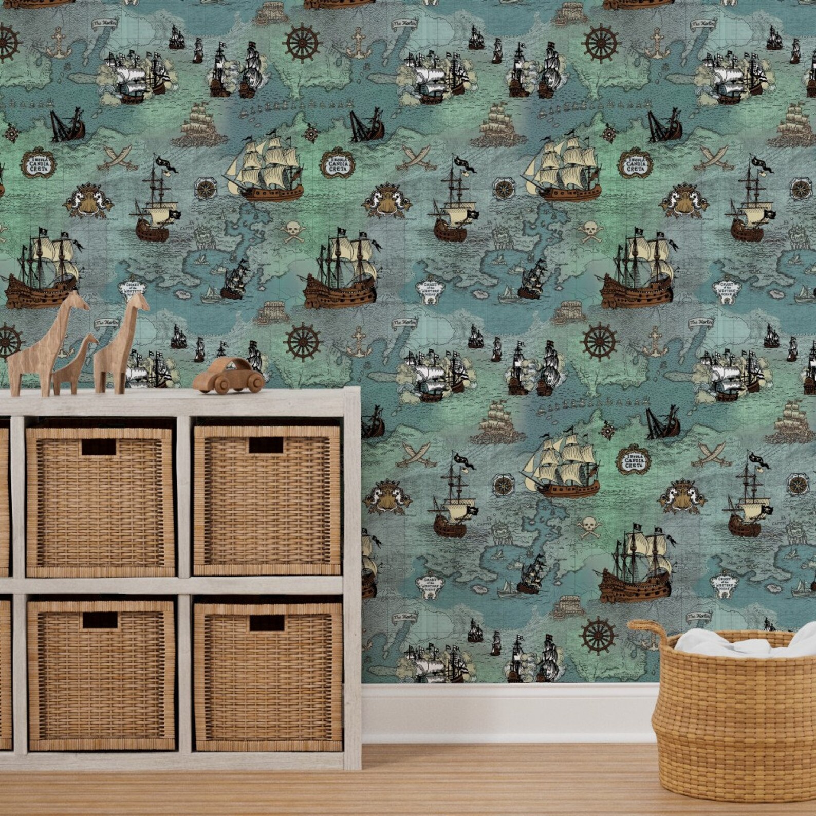 Pirate Wallpaper Pirate Ships Map Blue Big Repeat by Teja - Etsy