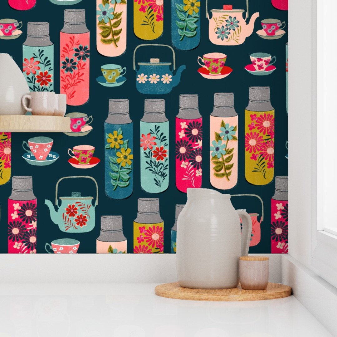 Kitchen Wallpaper - Tea Thermos / Vintage Tea Florals Teapot by Andrea ...