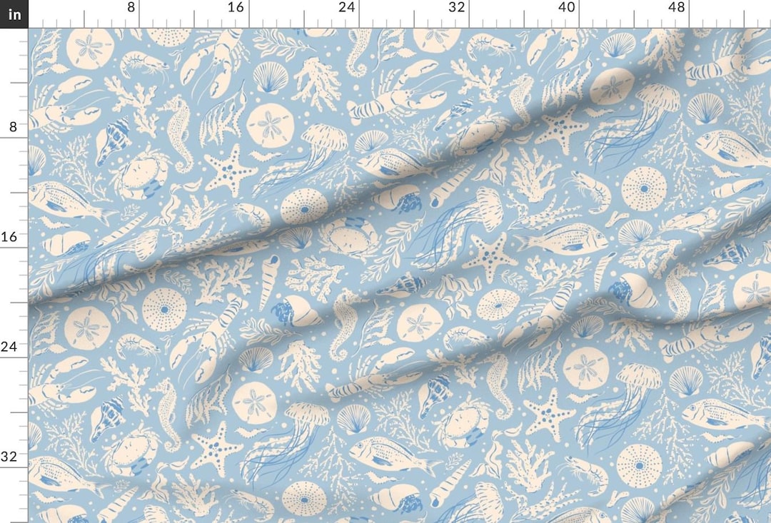 Baby Blue Beach Extra Wide Sateen Fabric Nautical Crab Sea Life Lobster ...