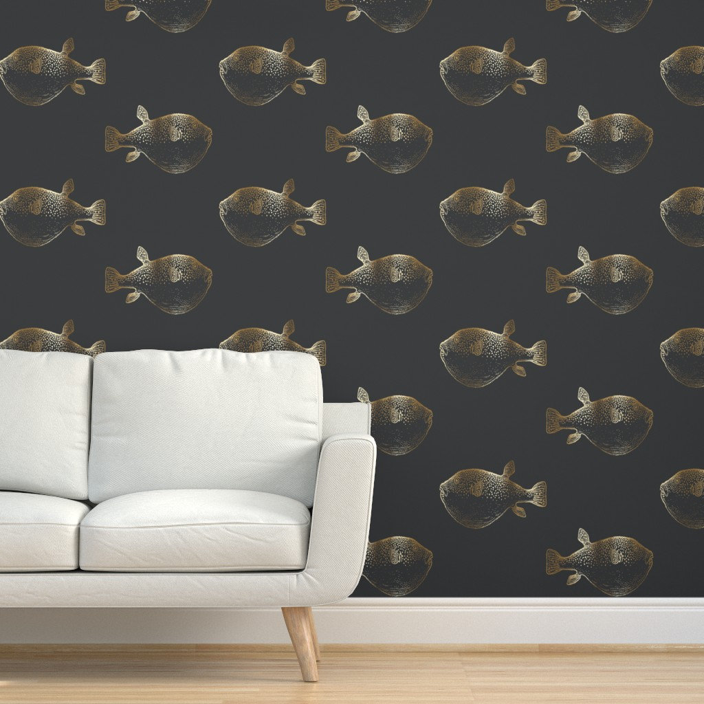 Gold Fish Wallpaper Puffer Fish Gold Gray Blowfish Large by - Etsy