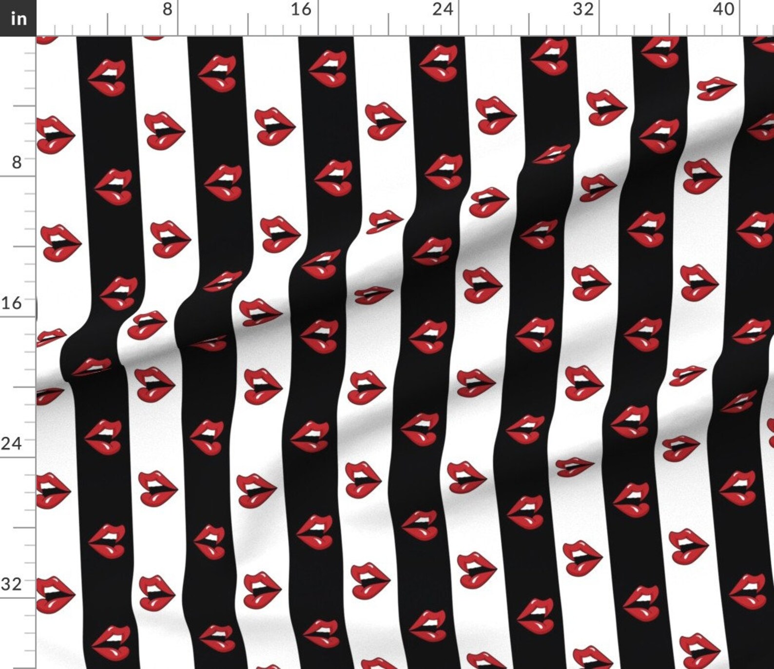 Striped Lips Fabric Pop Art Red Lips by Mia Valdez Black - Etsy