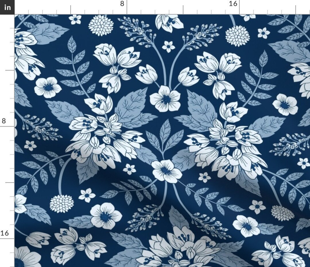 Classic Blue Floral Fabric Classic Blue Dark Floral Pattern - Etsy