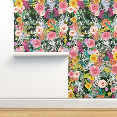 Bold Floral Wallpaper Bright Blooms Painted Floral by - Etsy