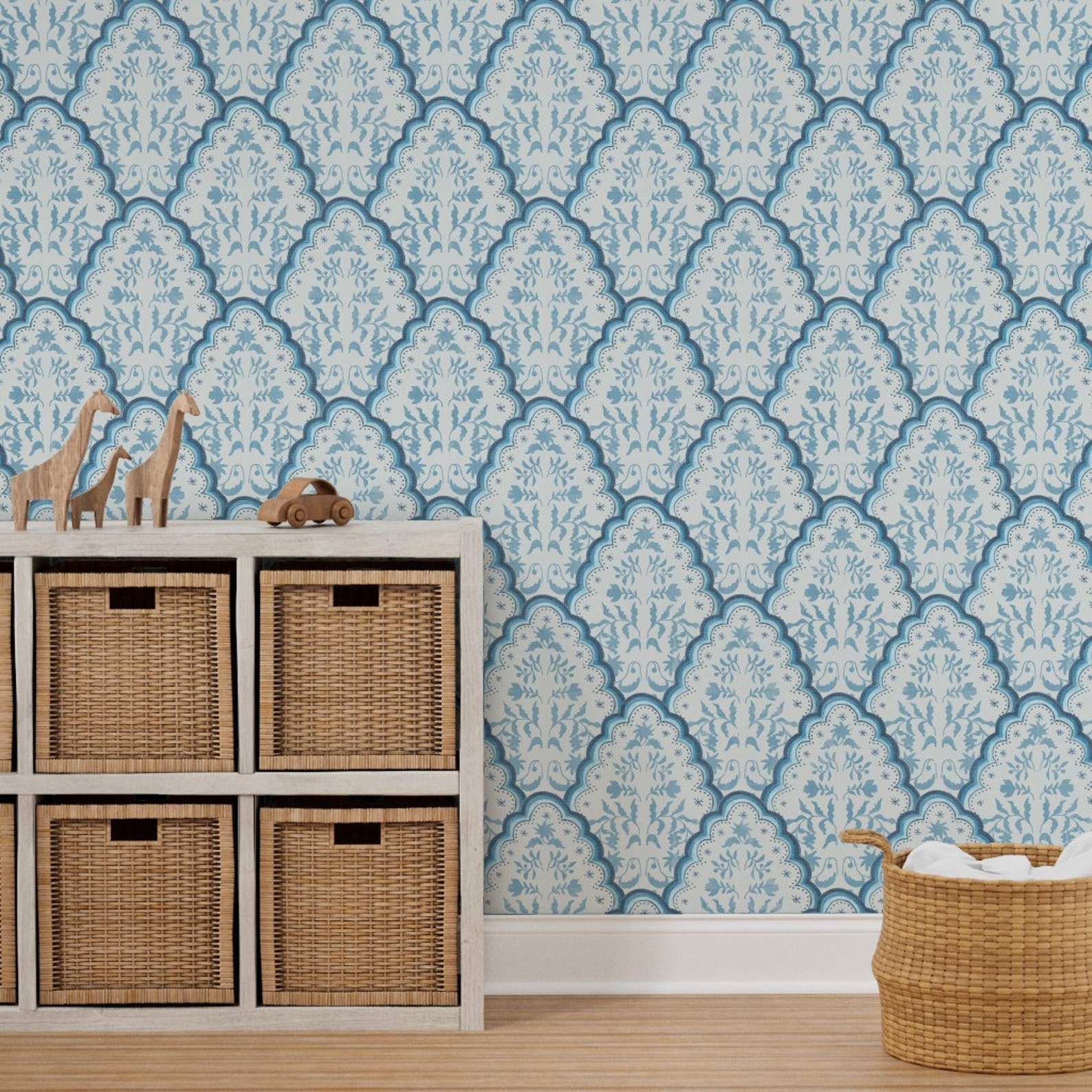 French Country Wallpaper Large Blue Scalloped Edges Paisley - Etsy