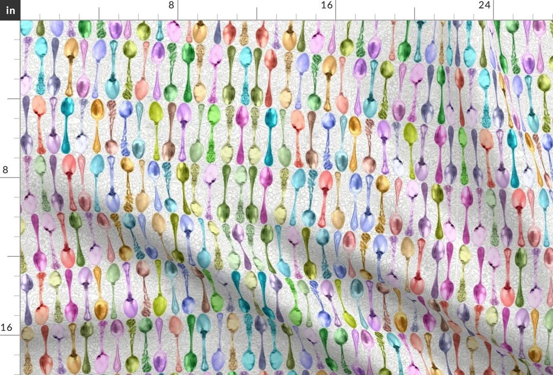 Rainbow Spoons Fabric - Vintage Rainbow Spoons on Silver Lace by Emmie ...