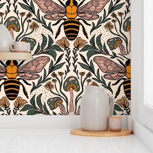 Bee Damask Removable Peel and Stick Wallpaper - Woodland Mushrooms Bees ...