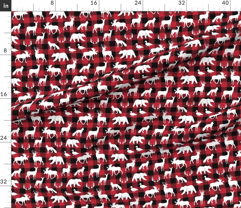 Buffalo Plaid Fabric Woodland Animals on Buffalo Plaid by - Etsy