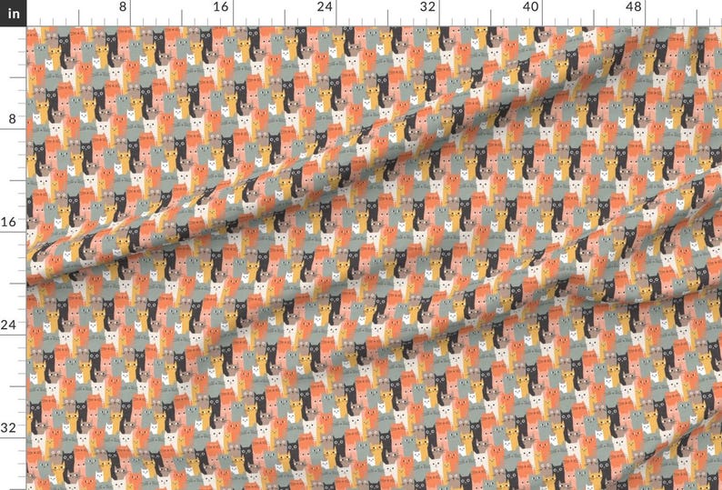Kitty Fabric - Silly Cats Small Scale by Kimsa - Orange Gray Brown Pets ...