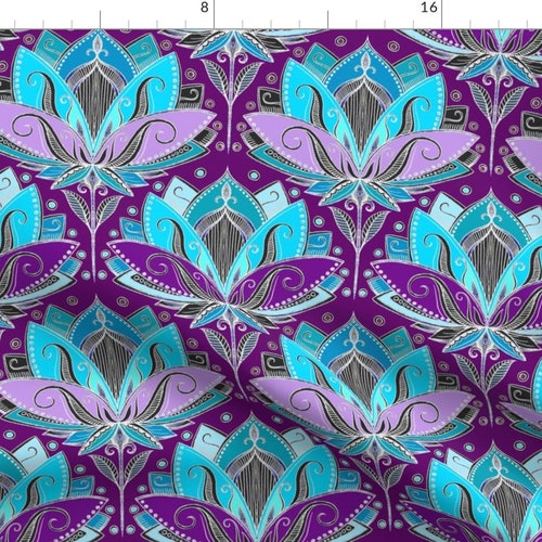 Lotus Fabric Art Deco Lotus Flowers in Pink Navy by Micklyn - Etsy