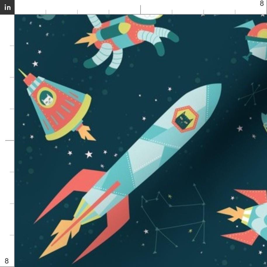 Rocket Kitties Fabric - Cats is Space! by Pinkowlet -kids Kawaii Kitty ...