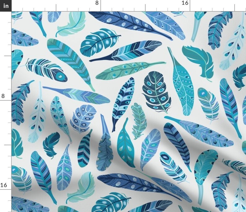 Blue Abstract Feathers Illustration Fabric Birds of A | Etsy