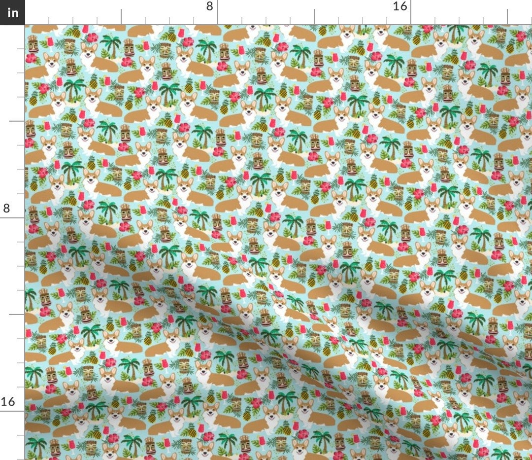 Light Blue Corgi & Tiki Fabric Corgi Tiki Fabric by - Etsy
