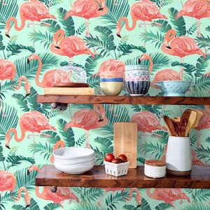 Flamingo Wallpaper Pink Flamingos on Teal Tropical Plants by Khaus ...