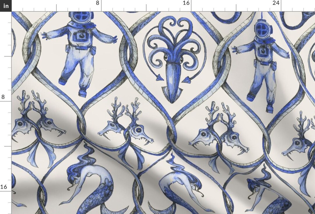 Mermaid Fabric - Tethys Trellis Large by Ceanirminger - Aquatic ...