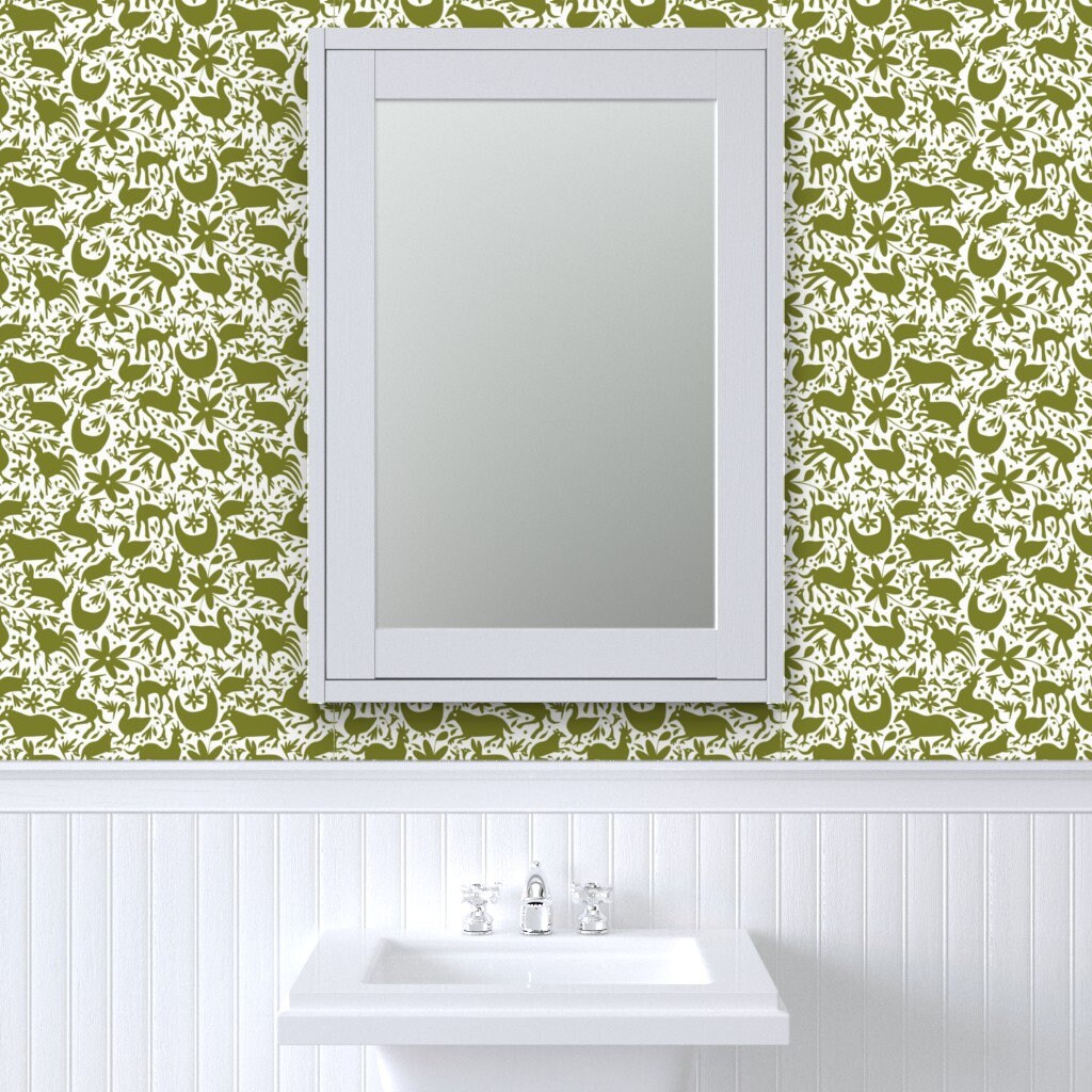 Otomi Wallpaper Mexico Springtime Olive on White Large by | Etsy
