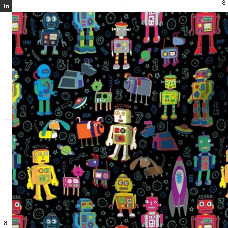 Robots Fabric Robots in Space Black by Cecca Robot | Etsy