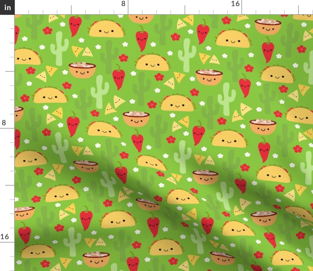 Taco Fabric Happy Tacos and Friends Green by Clayvision Taco Cactus ...