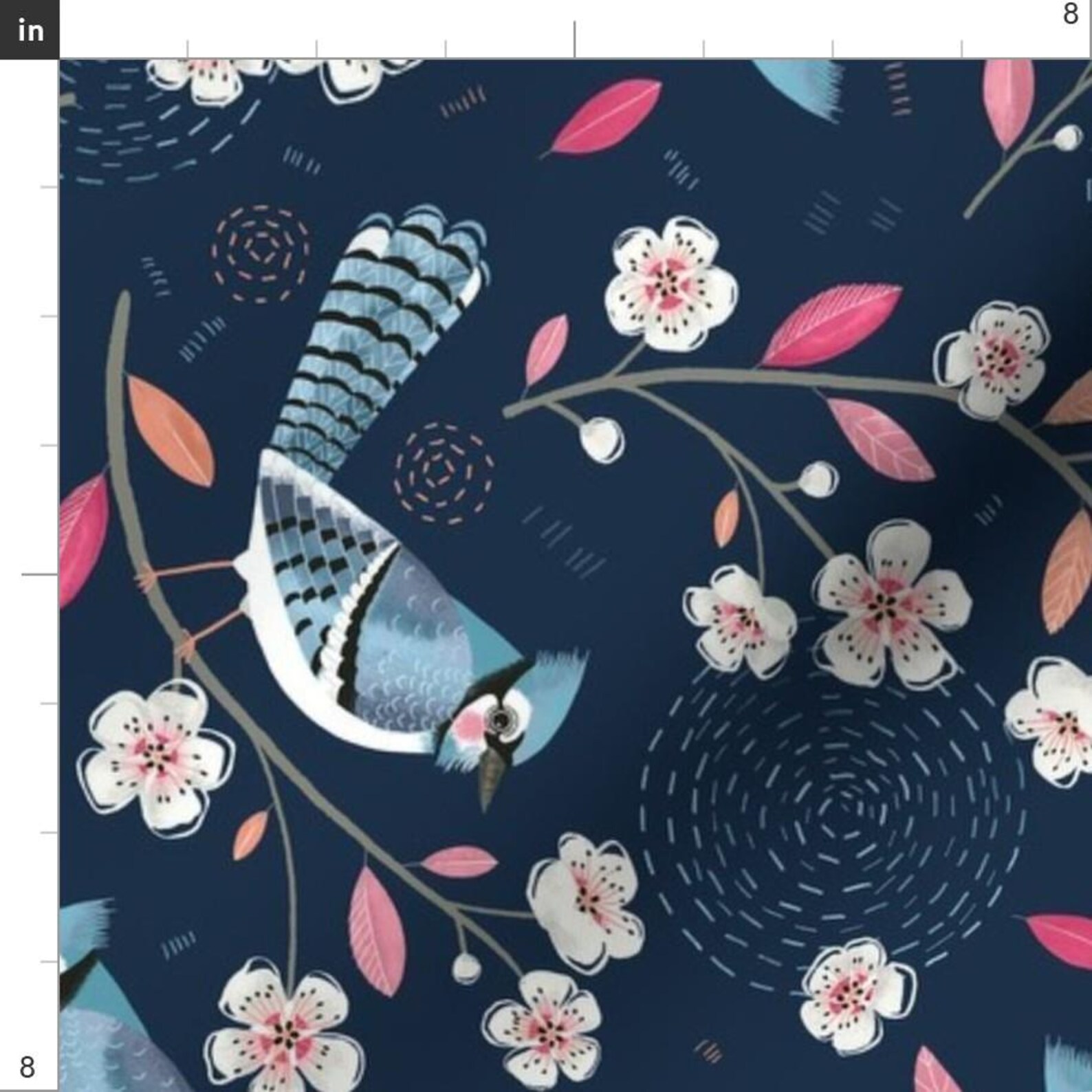 Blue Jay Fabric - Blue Jay by Marketa Stengl - Navy Bird Pink Floral ...