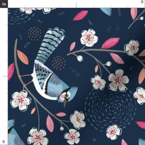Blue Jay Fabric - Blue Jay by Marketa Stengl - Navy Bird Pink Floral ...