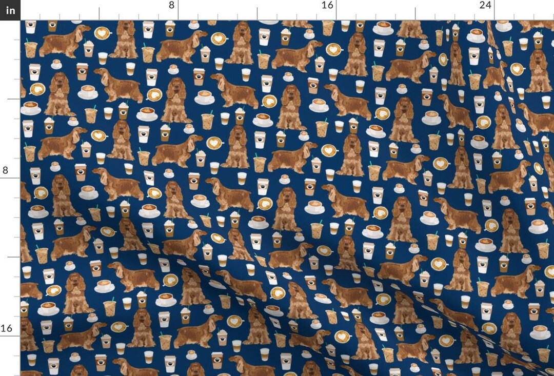 Cocker Spaniel Fabric - Cocker Spaniel Coffee Dogs and Lattes - Navy by ...