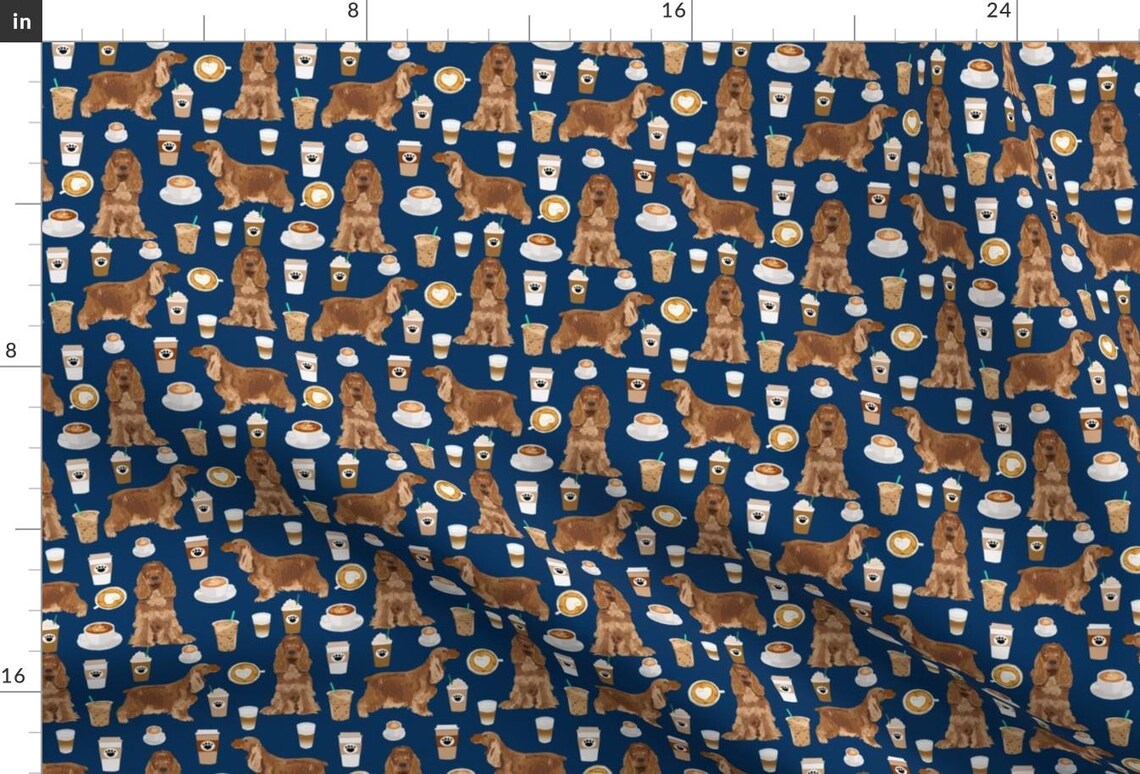 Cocker Spaniel Fabric - Cocker Spaniel Coffee Dogs and Lattes - Navy by ...