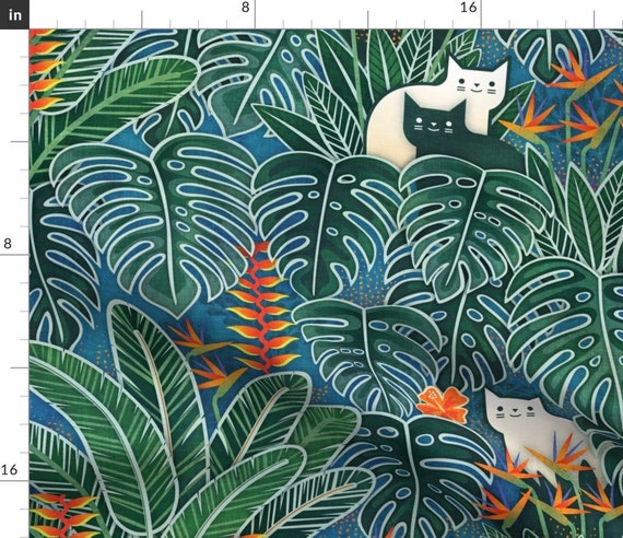 Monstera Cats Fabric Tropical Cats Large Cat in Hawaiian | Etsy