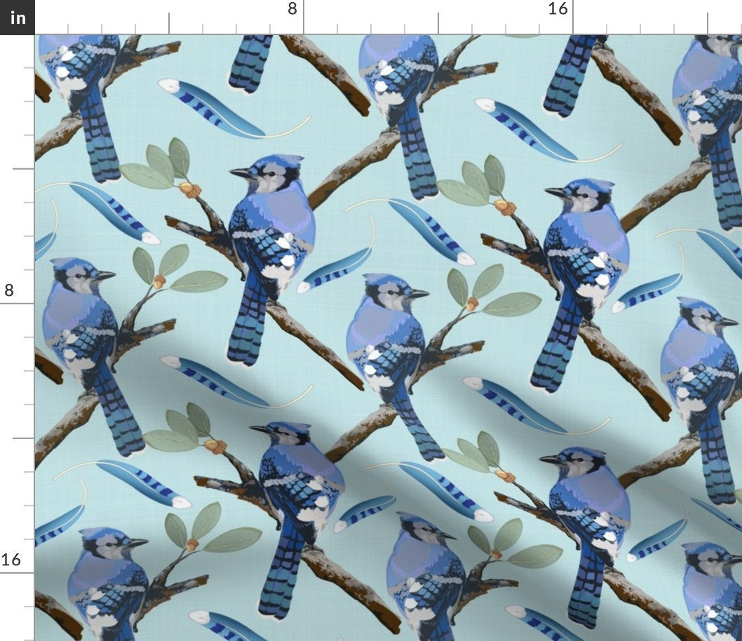 Blue Jay Fabric Blue Jays On Aqua By Shellypenko Watercolor | Etsy