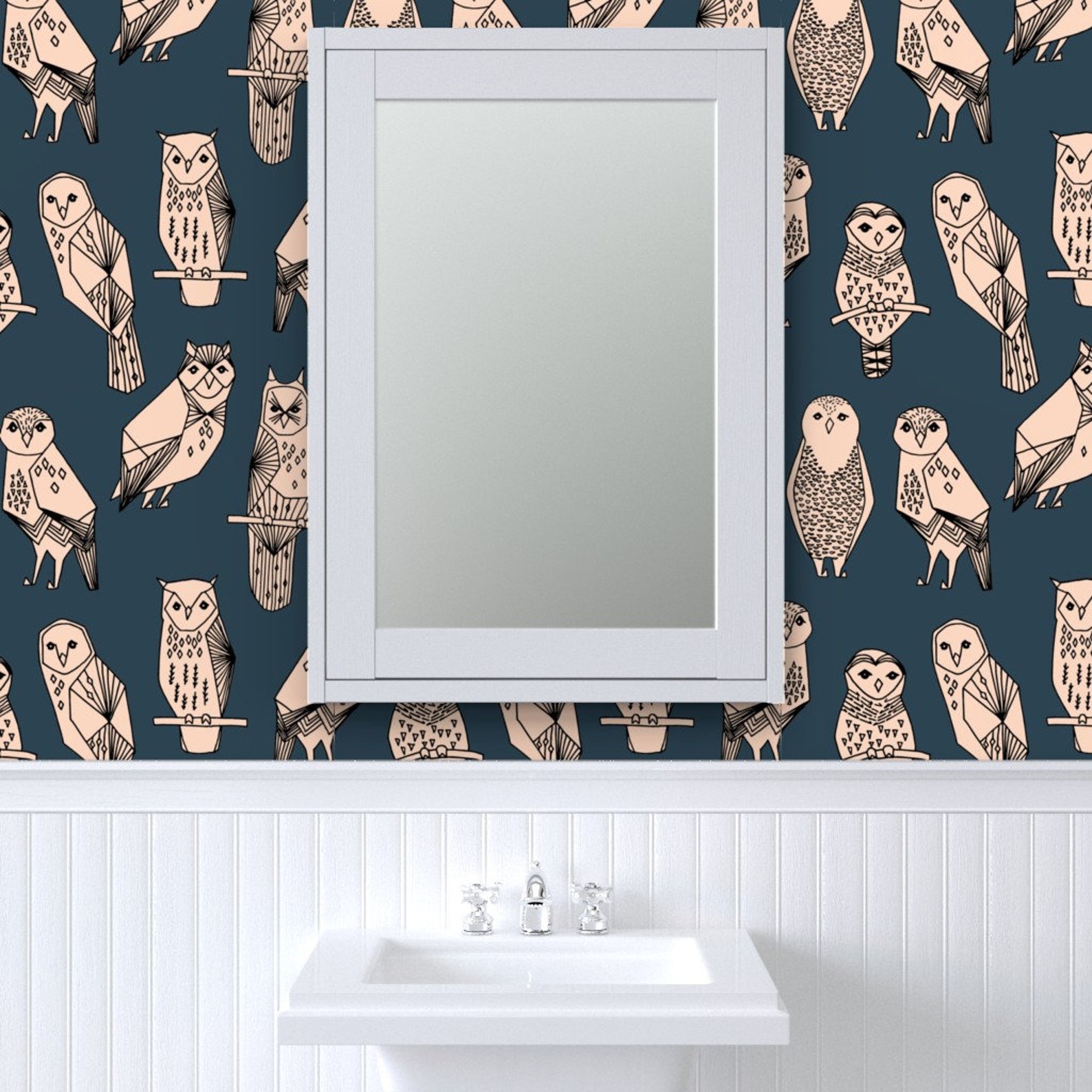Owl Wallpaper Blush Navy Owl Illustration by Andrea Lauren - Etsy