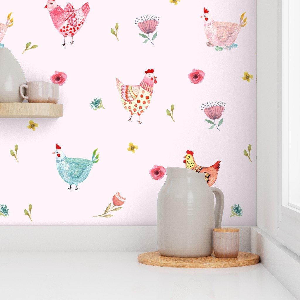Chicken Wallpaper Polka Girls Pink by Shopcabin Pink - Etsy