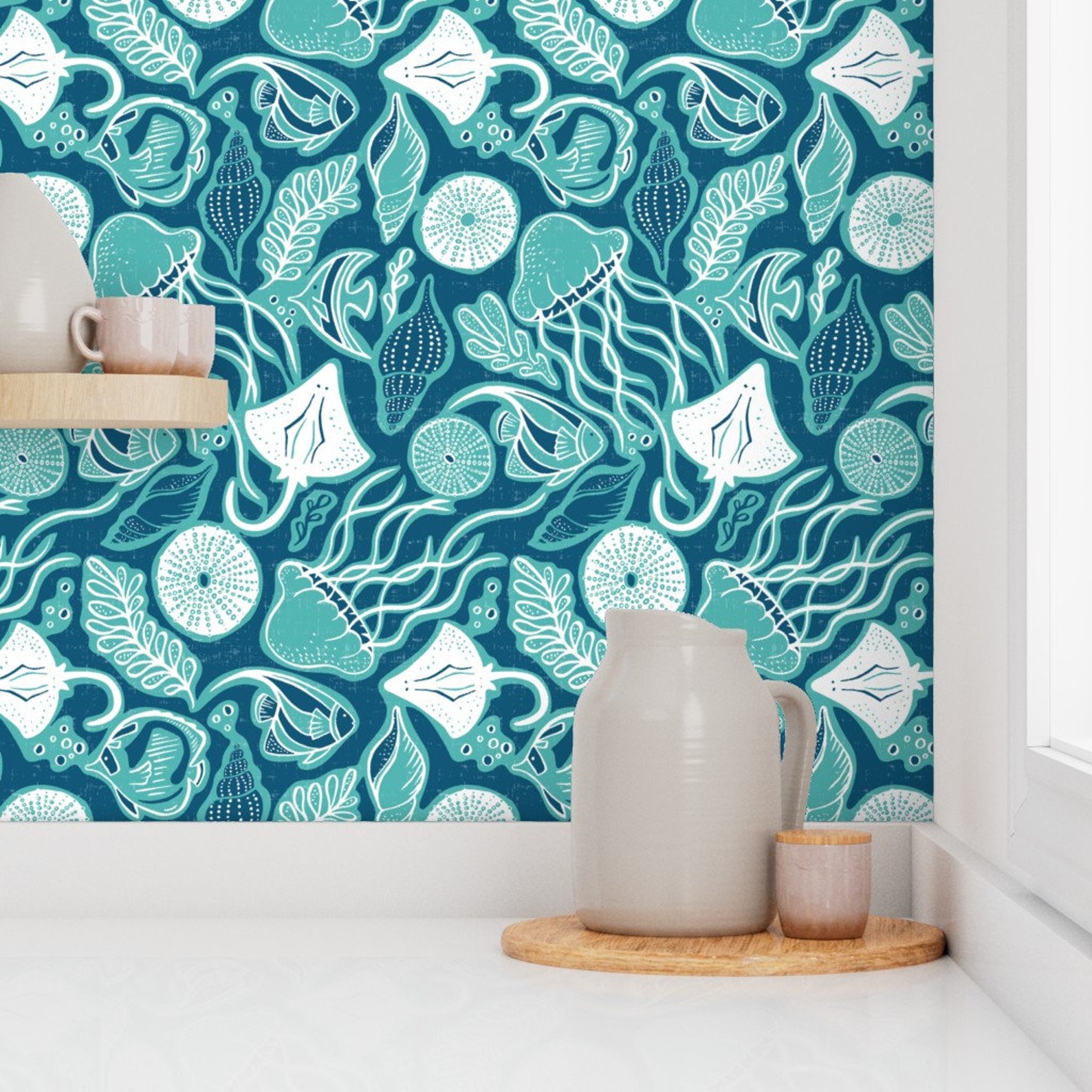 Nautical Wallpaper Sea Life Navy Blue Aqua by Heatherdutton - Etsy