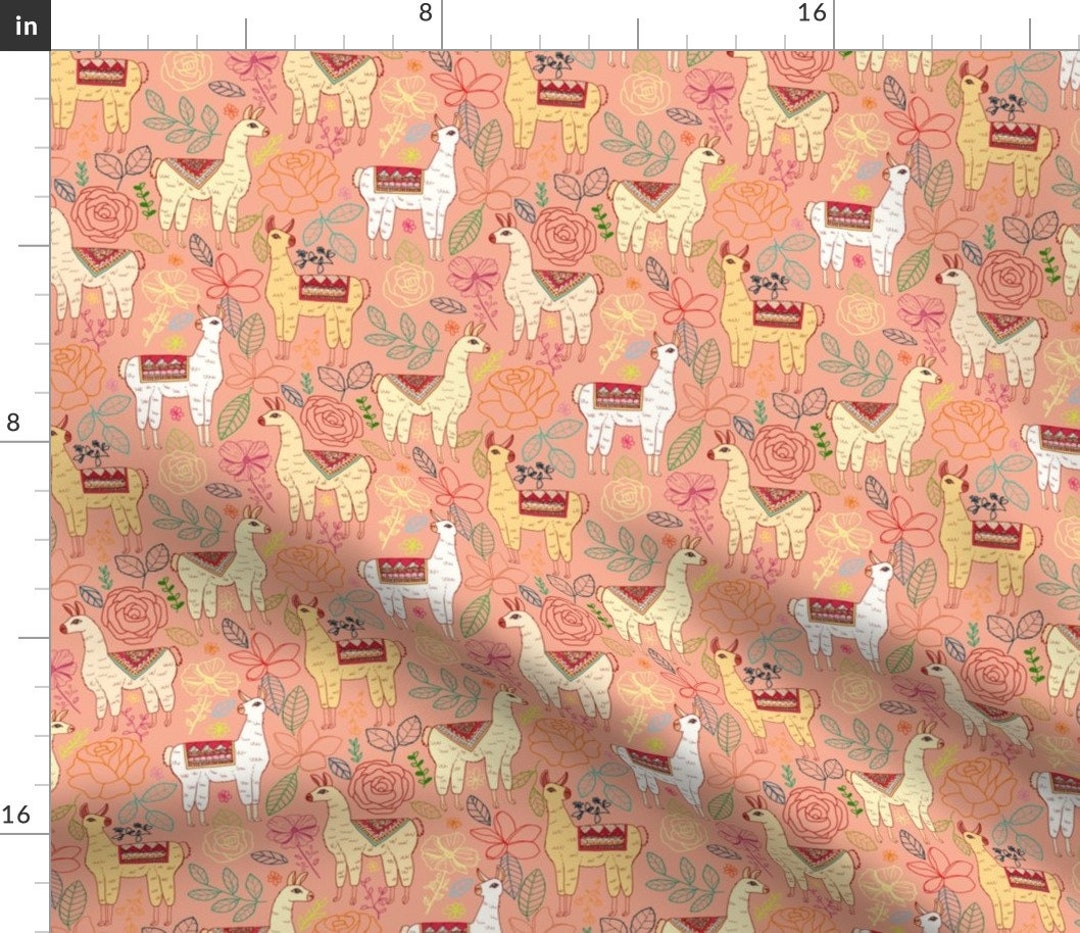 Llamas Fabric Mexican Llamas With Plants on Tucson Coral by Tigatiga ...