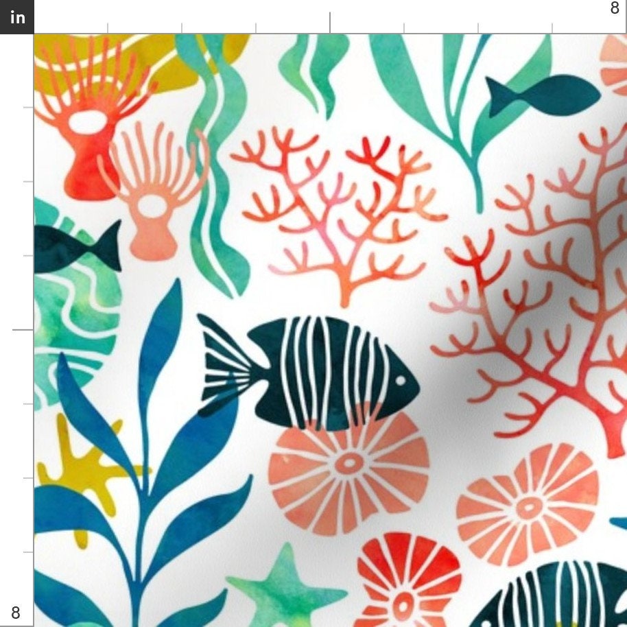 Colorful Ocean Fabric Ocean Plants and Fish in Watercolor by | Etsy