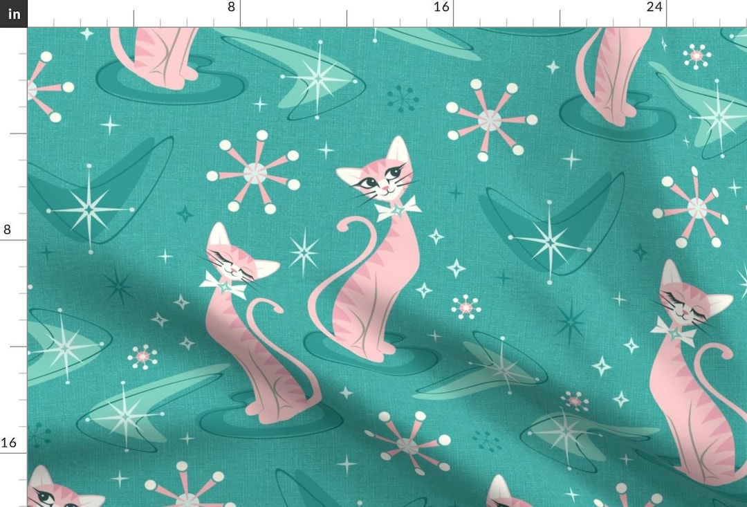 Cat Retro Teal Pink Fabric - Kitsch Kitten Collectibles © Christine ...