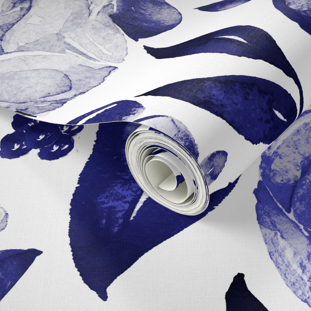 Flowers Wallpaper Big Blue White Floral Watercolor by - Etsy