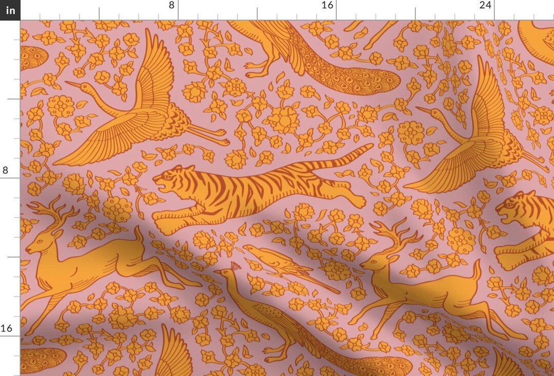 Floral Orange Animals Regal Fabric - Persian Animals Seamless Pattern ...