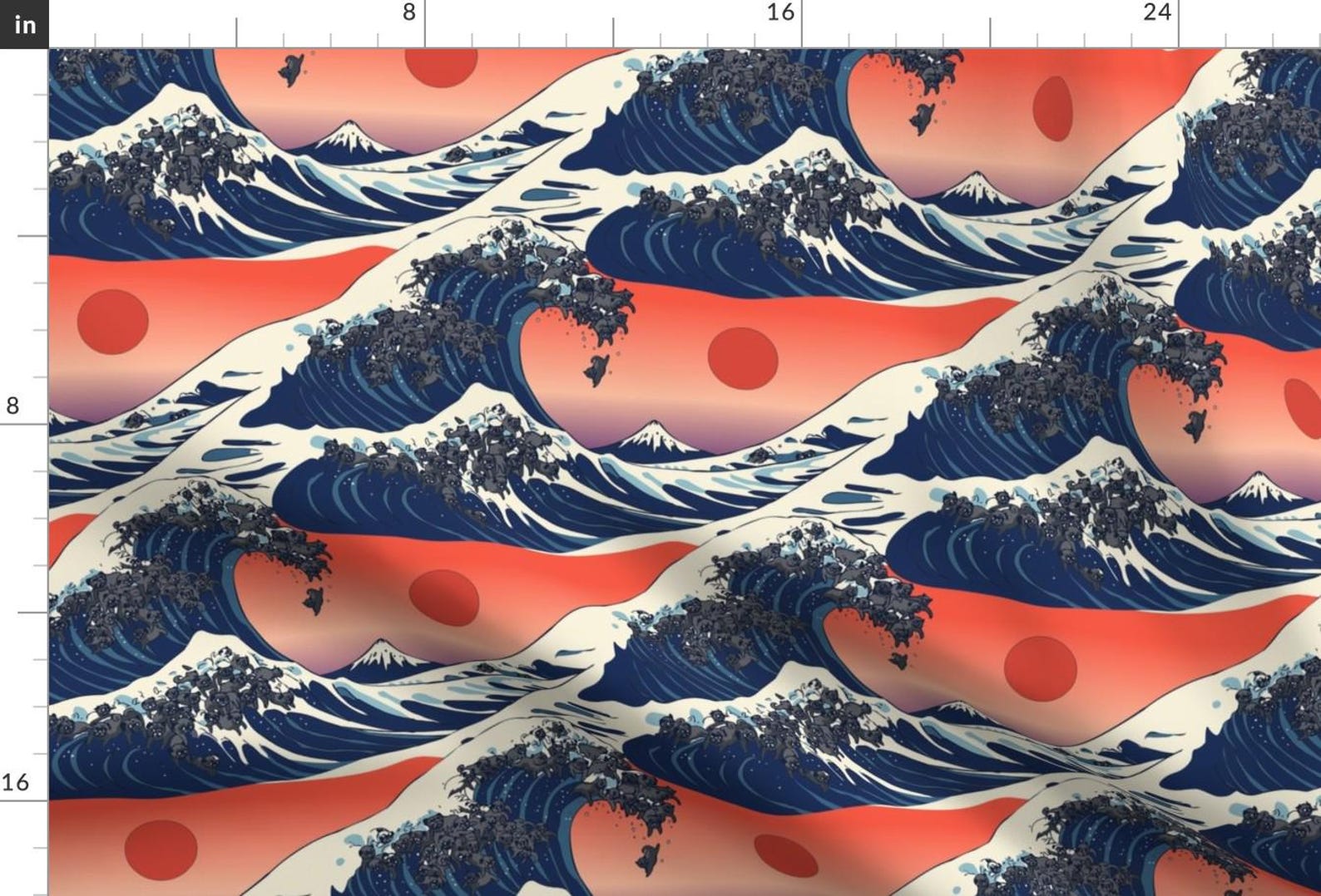 Pug Ocean Waves Illustration Fabric - the Great Wave of Black Pug by ...