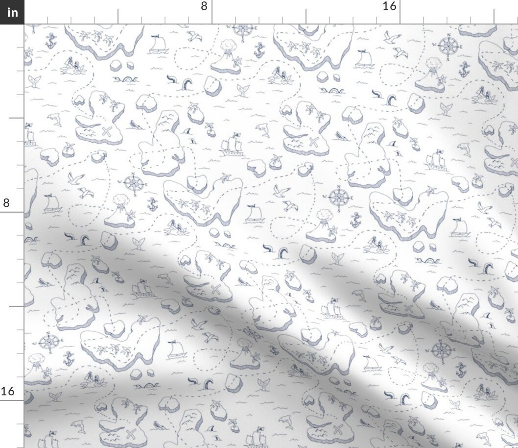 Blue and White Treasure Map Fabric Treasure Map Blue by - Etsy