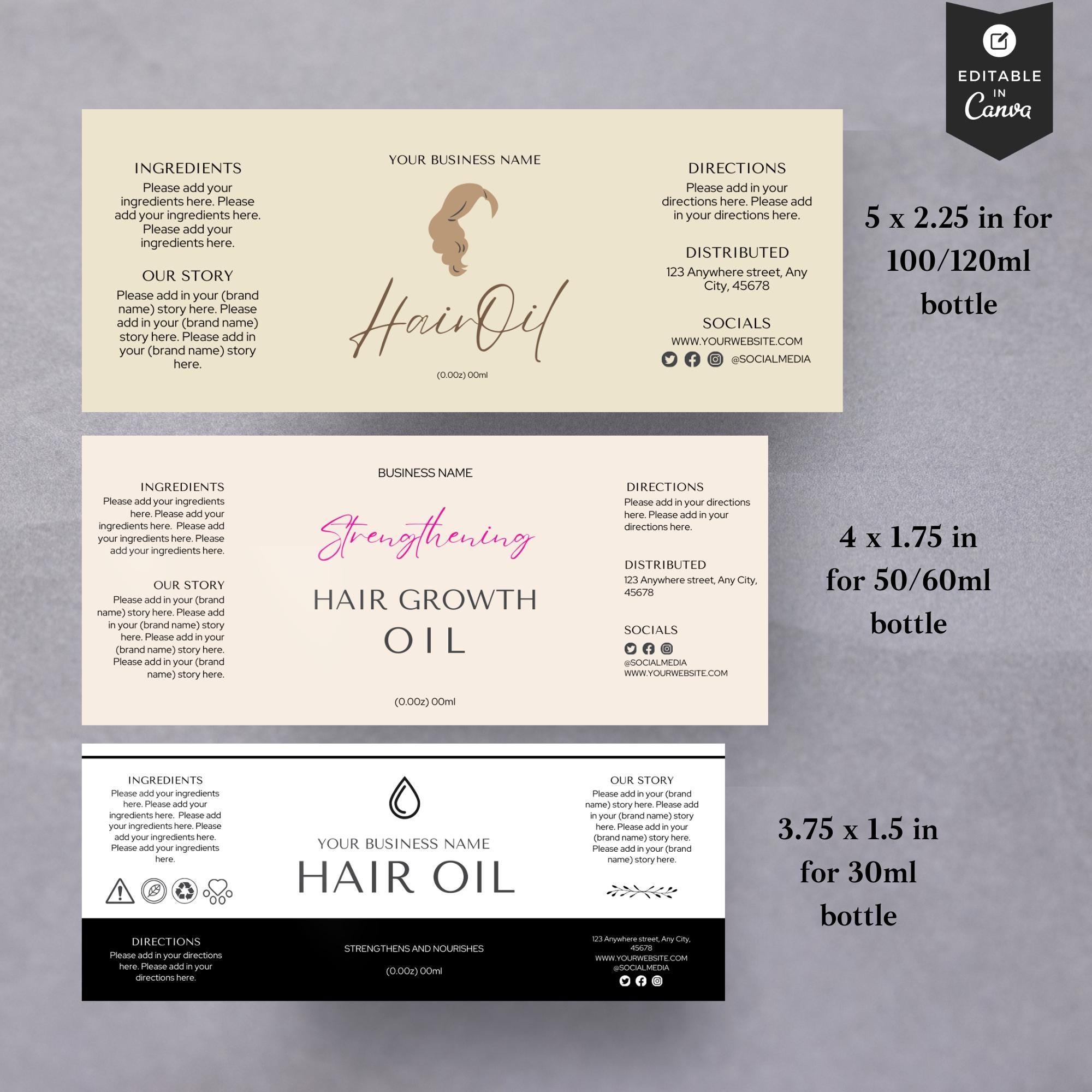 Hair Growth Oil Label Template, DIY Hair Oil Label Canva Templates ...