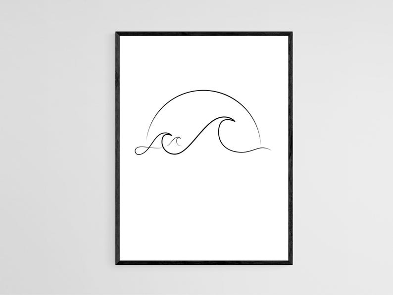 Printable One Line Drawing of Waves and Sun. One Line Art of Ocean ...