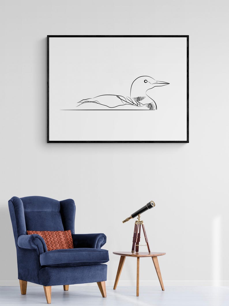 Minimalist Common Loon Wall Art - One Line Bird Drawing Printable Decor ...