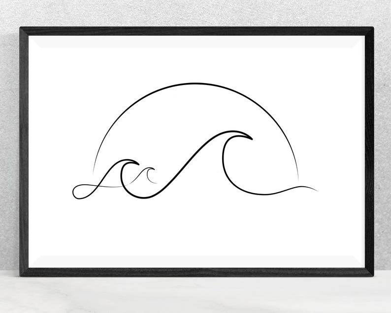 Printable One Line Drawing of Waves and Sun. One Line Art of Ocean ...